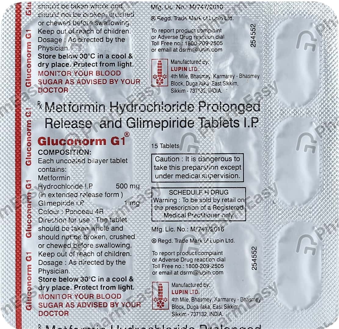 Gluconorm G 1mg Strip Of 15 Tablets: Uses, Side Effects, Price & Dosage ...