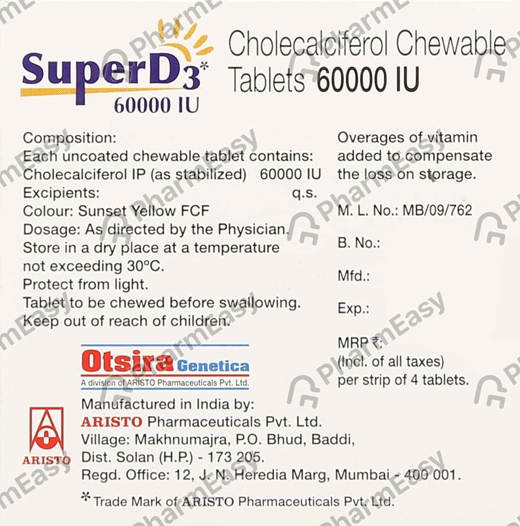Super D3 60000 IU Chewable Tablet (4): Uses, Side Effects, Price ...
