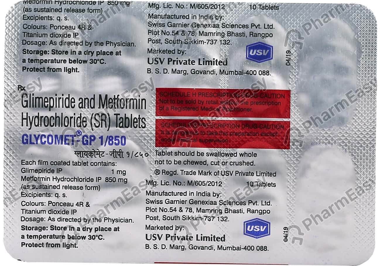 Glycomet Gp 1/850mg Strip Of 10 Tablets: Uses, Side Effects, Price ...