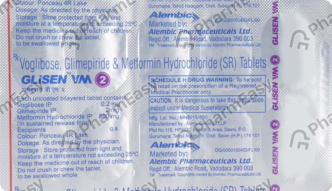 Glisen Vm 2mg Strip Of 10 Tablets: Uses, Side Effects, Price & Dosage ...