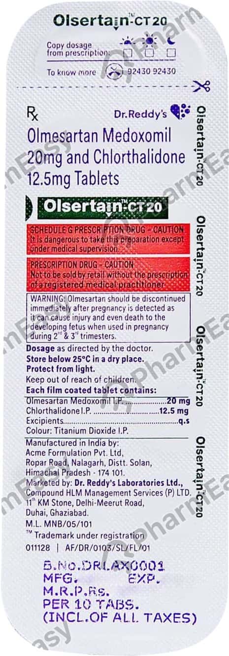 Olsertain Ct 20mg Strip Of 10 Tablets: Uses, Side Effects, Price ...