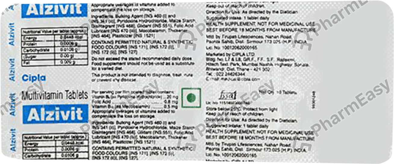 Alzivit Strip Of 10 Tablets: Uses, Side Effects, Price & Dosage | PharmEasy
