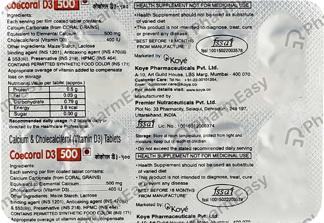 Coecoral D3 500mg Strip Of 10 Tablets: Uses, Side Effects, Price ...