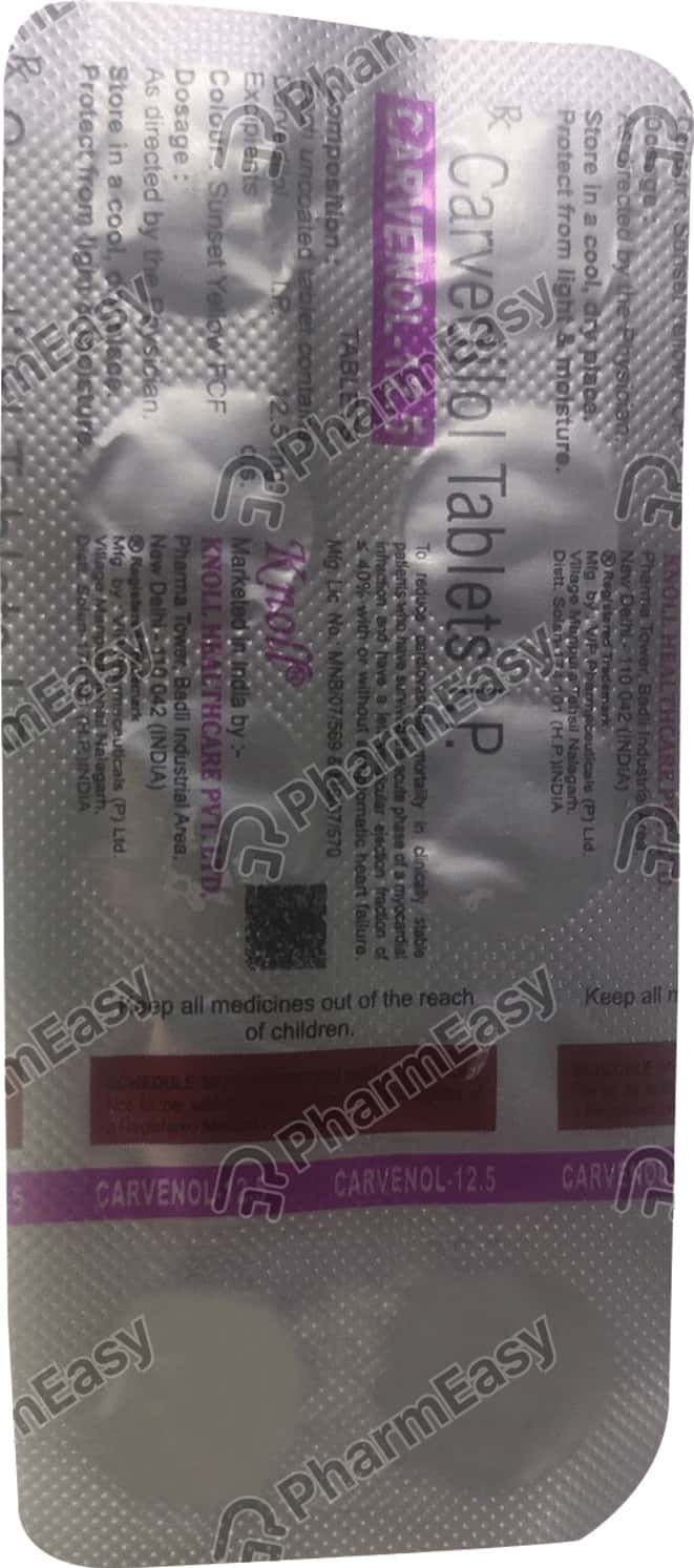 Carvenol 12.5 MG Tablet (10): Uses, Side Effects, Price & Dosage ...