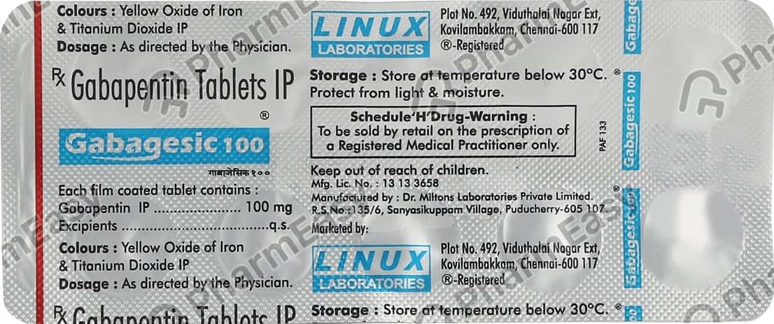 Gabagesic 100 MG Tablet (10): Uses, Side Effects, Price & Dosage ...