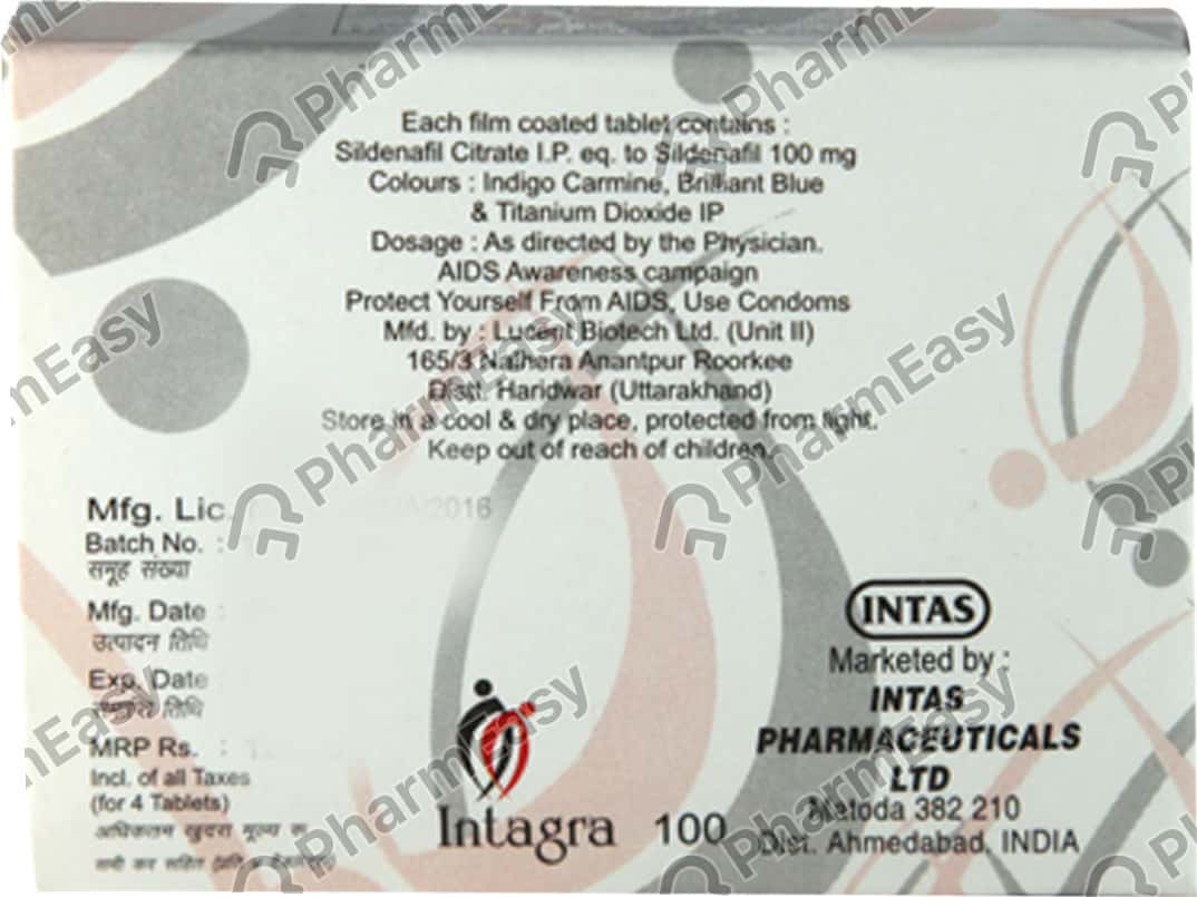 Intagra 100 MG Tablet (4): Uses, Side Effects, Price & Dosage | PharmEasy