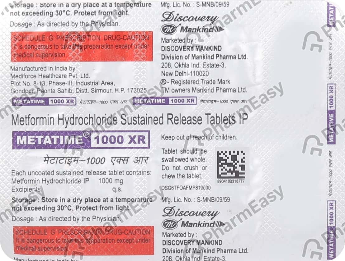 Metatime Xr 1000 MG Tablet (10): Uses, Side Effects, Price & Dosage ...