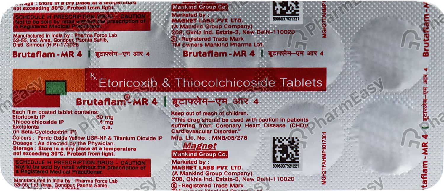 Brutaflam Mr 4mg Strip Of 10 Tablets: Uses, Side Effects, Price & Dosage | PharmEasy