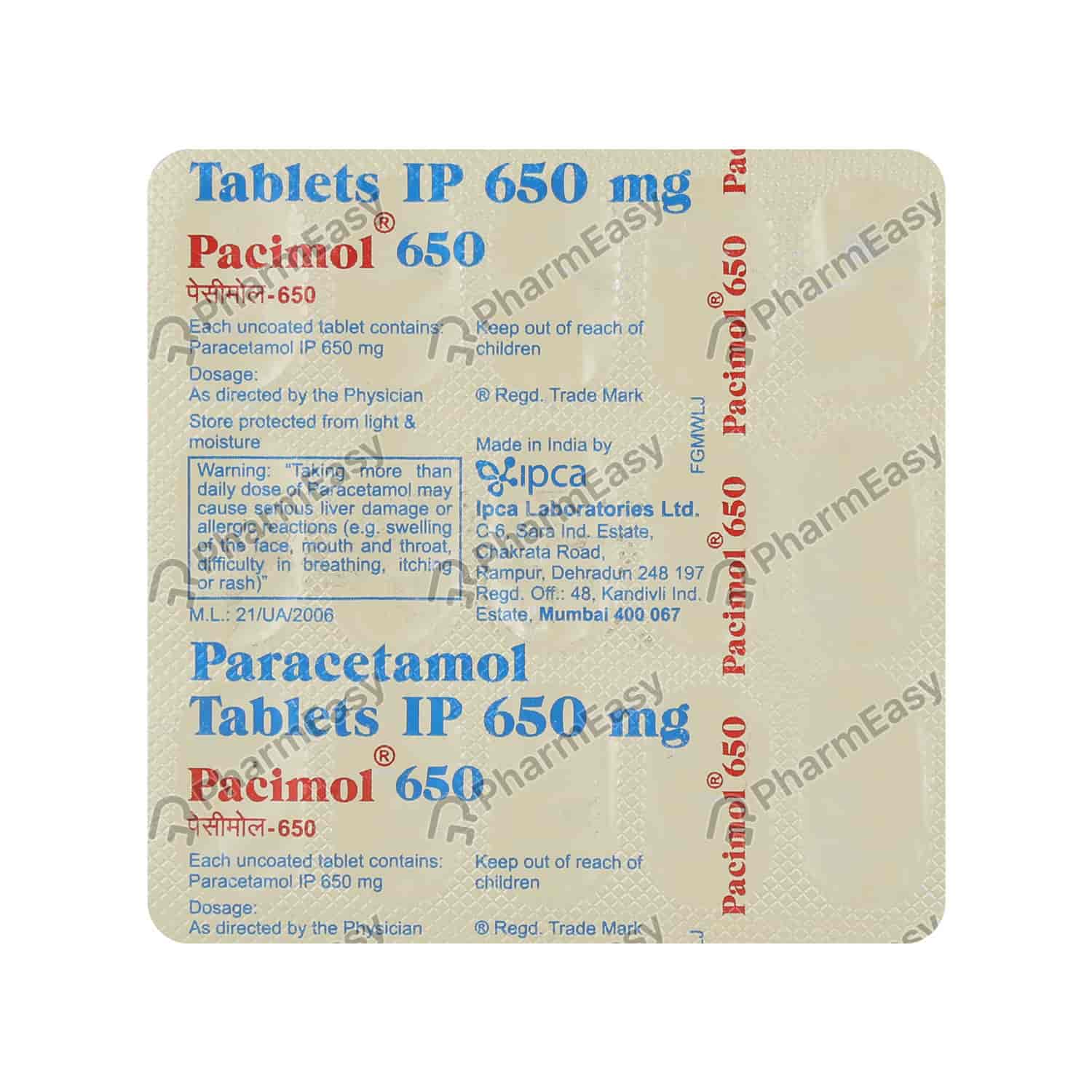 Pacimol 650mg Tab 15`S - Uses, Side Effects, Dosage, Composition ...