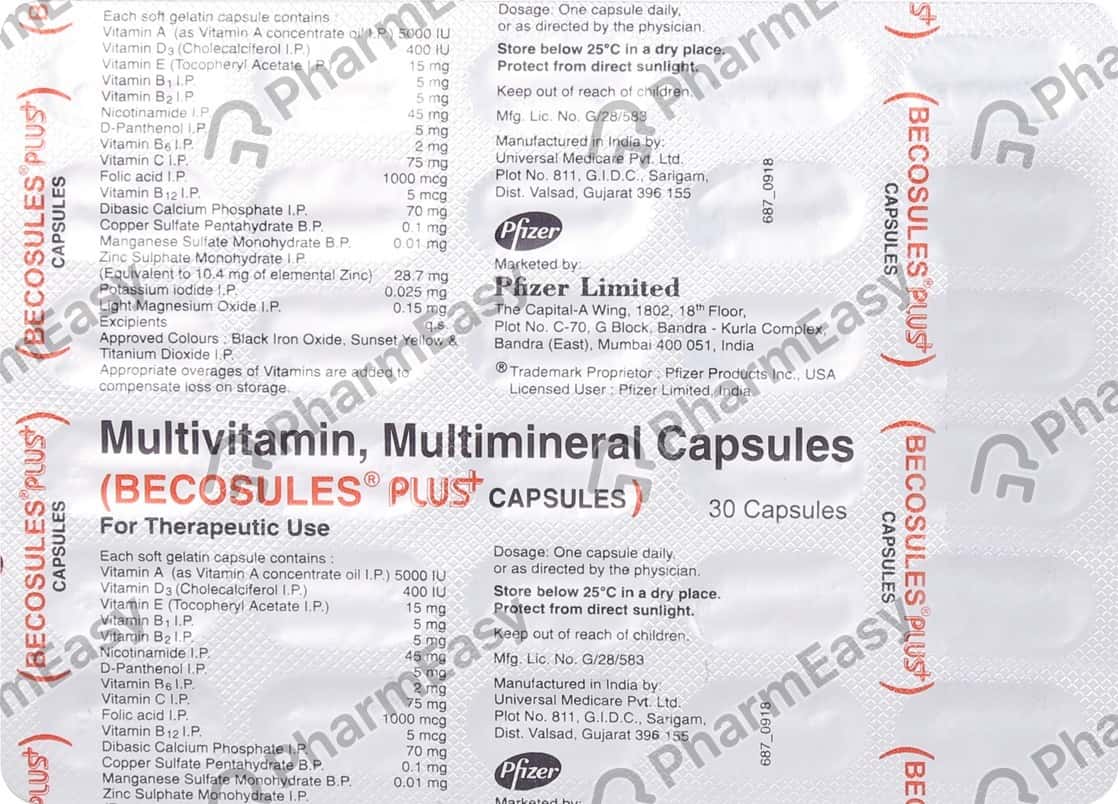 Becosules Plus Strip Of 30 Capsules: Uses, Side Effects, Price & Dosage ...