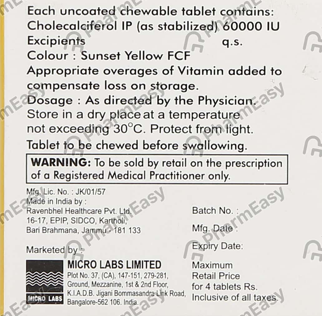 Micro D3 60000 IU Chewable Tablet (4): Uses, Side Effects, Price ...