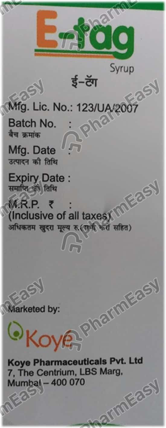 E Tag Syrup 100ml: Uses, Side Effects, Price & Dosage | PharmEasy