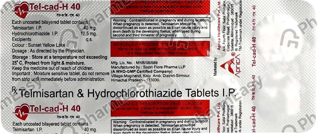 Tel Cad H 40mg Strip Of 10 Tablets: Uses, Side Effects, Price & Dosage ...