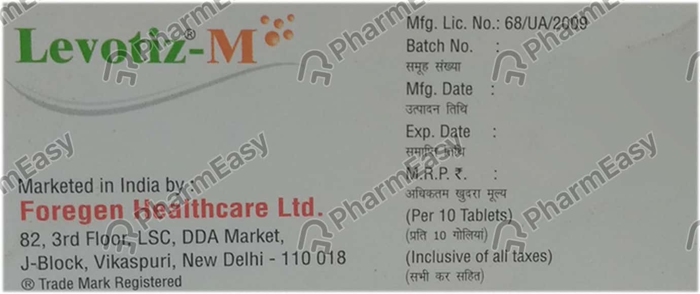 Levotiz M Strip Of 10 Tablets: Uses, Side Effects, Price & Dosage ...