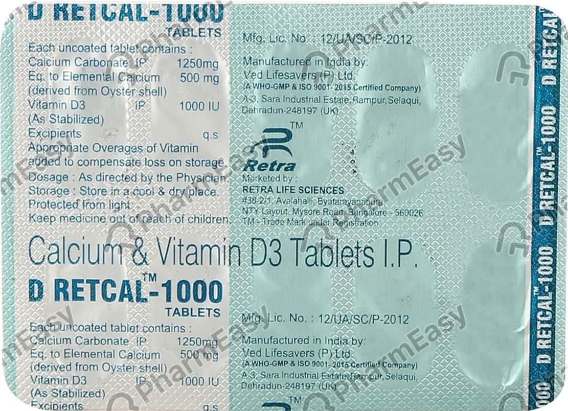 D Retcal 1000 Strip Of 10 Tablets: Uses, Side Effects, Price & Dosage ...