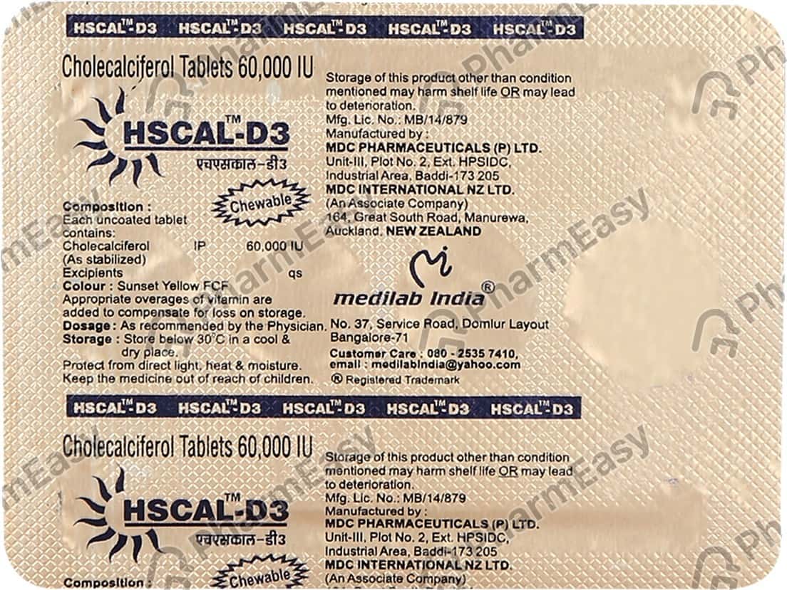 Hscal D3 60000 IU Tablet (4): Uses, Side Effects, Price & Dosage ...