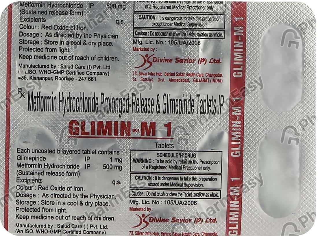 Glimin M 1mg Strip Of 10 Tablets: Uses, Side Effects, Price & Dosage ...