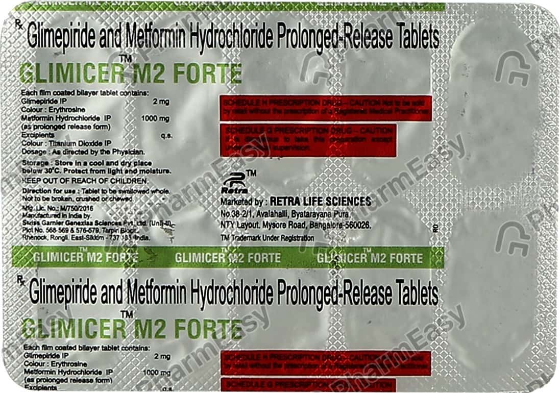 Glimicer M2 Forte Strip Of 10 Tablets: Uses, Side Effects, Price & Dosage | PharmEasy