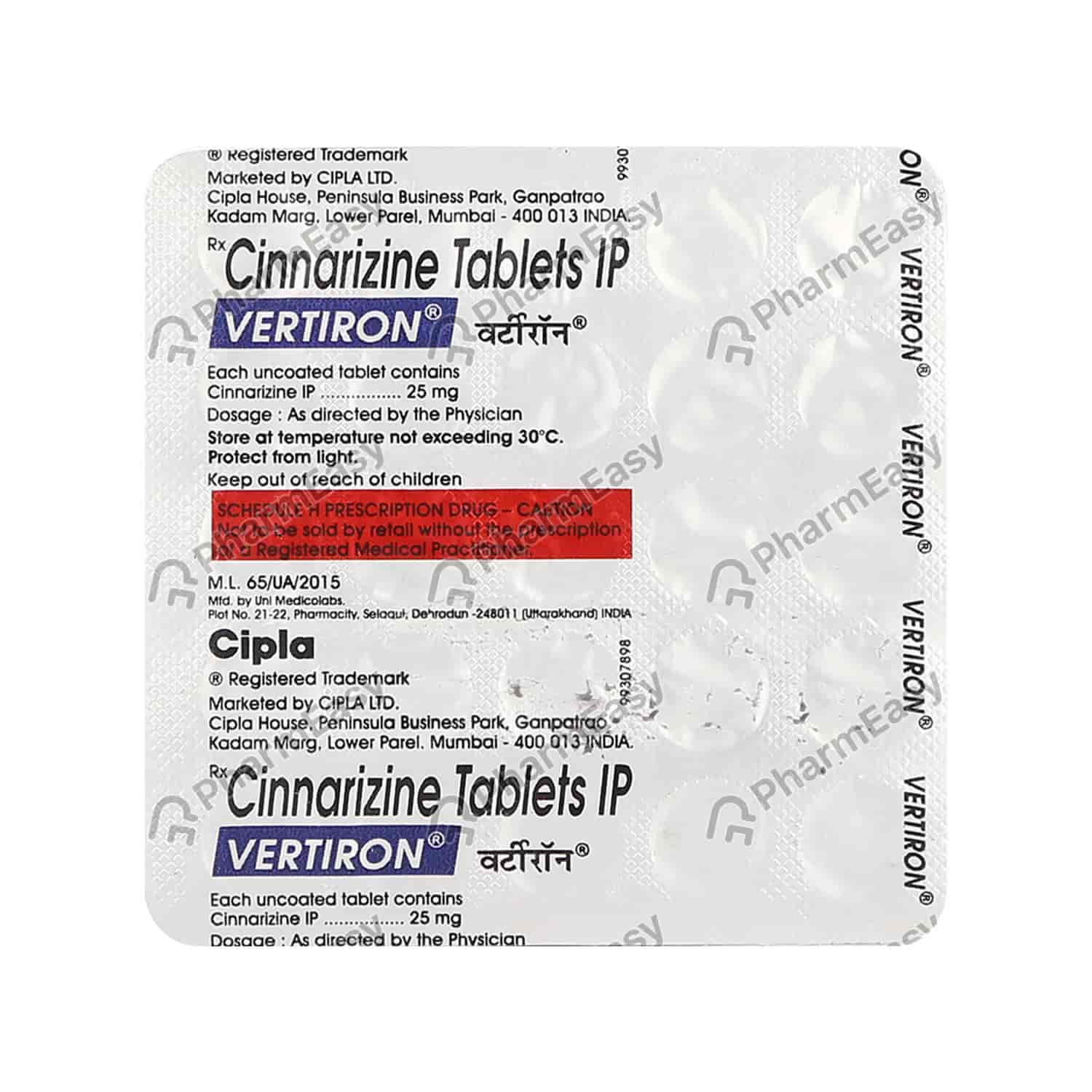 Buy Vertiron 25mg Tablet 25'S Online at Flat 18% OFF* | PharmEasy