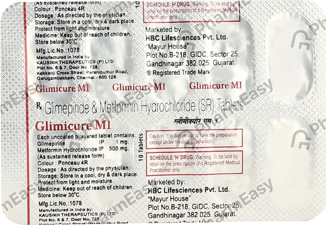 Glimicure M 1mg Strip Of 10 Tablets: Uses, Side Effects, Price & Dosage ...