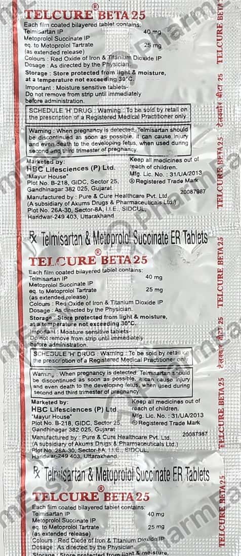 Telcure Beta 25mg Strip Of 10 Tablets: Uses, Side Effects, Price ...