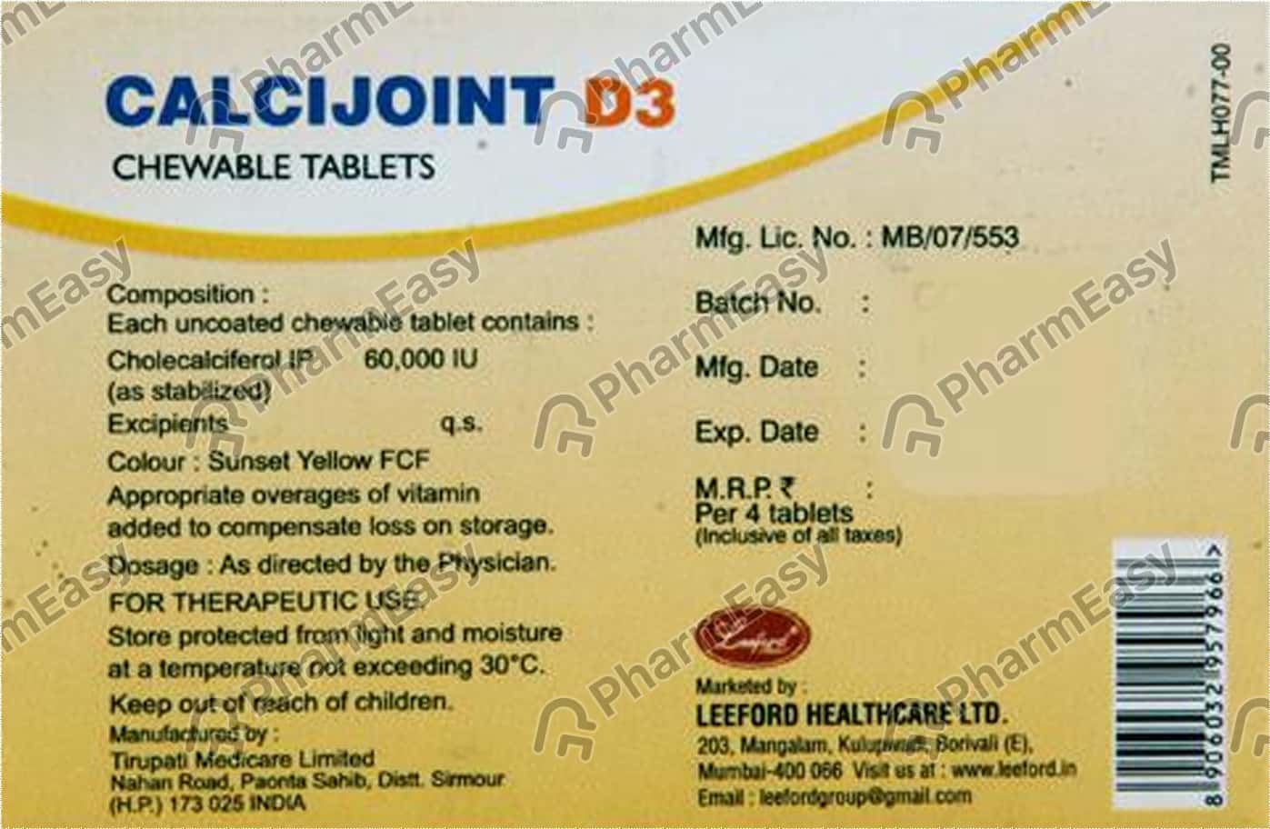 Calcijoint D3 60000 IU Chewable Tablet (4): Uses, Side Effects, Price ...