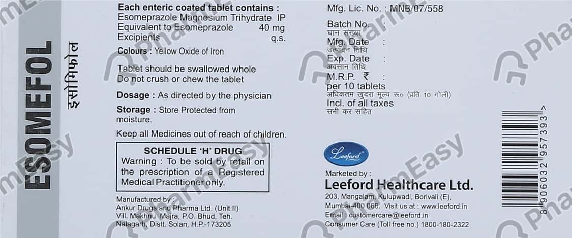 Esomefol 40 MG Tablet (10): Uses, Side Effects, Price & Dosage | PharmEasy