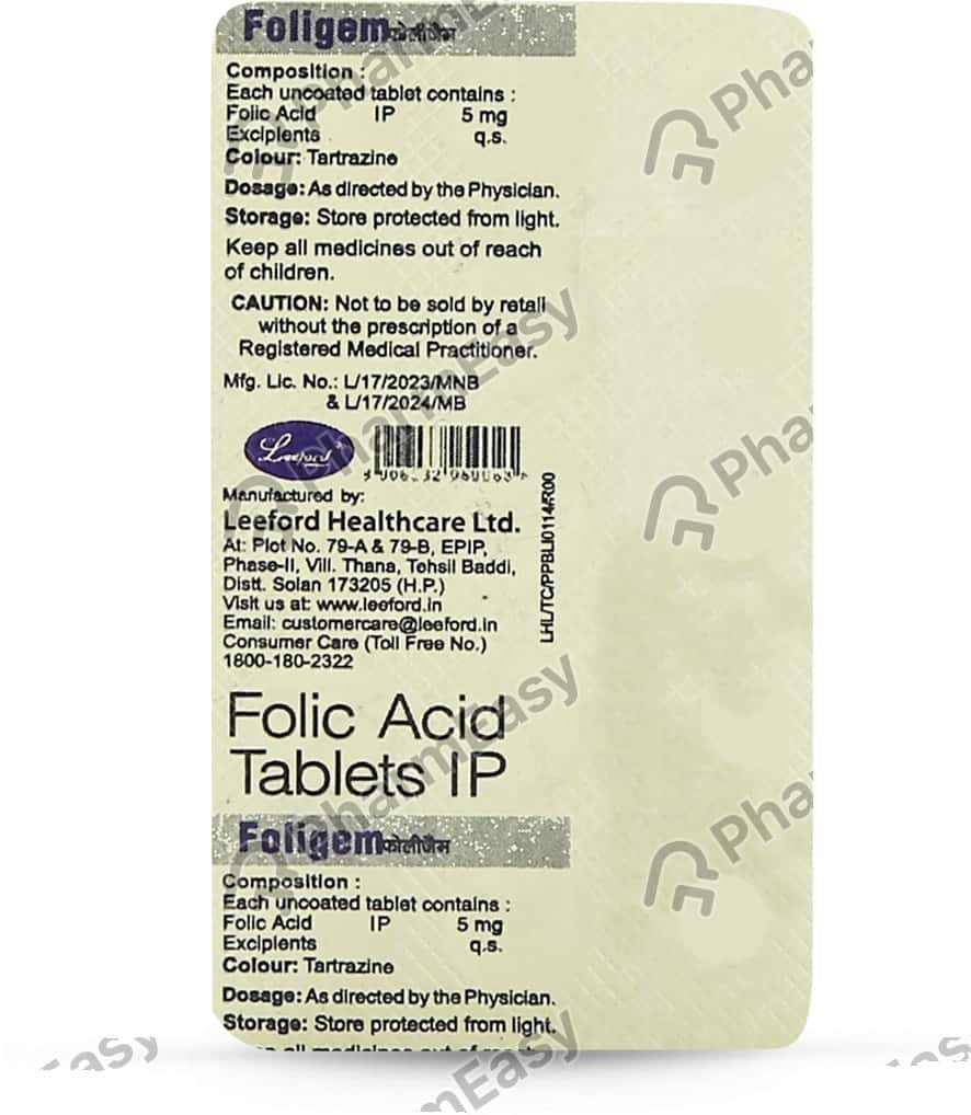 Foligem 5 MG Tablet (15): Uses, Side Effects, Price & Dosage | PharmEasy