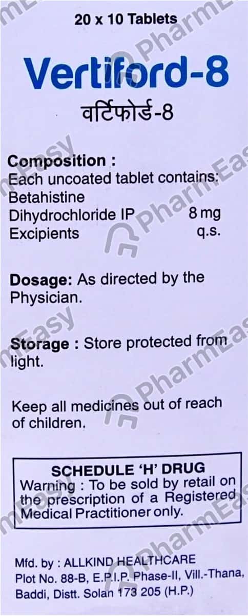 Vertiford 8 MG Tablet (10): Uses, Side Effects, Price & Dosage | PharmEasy