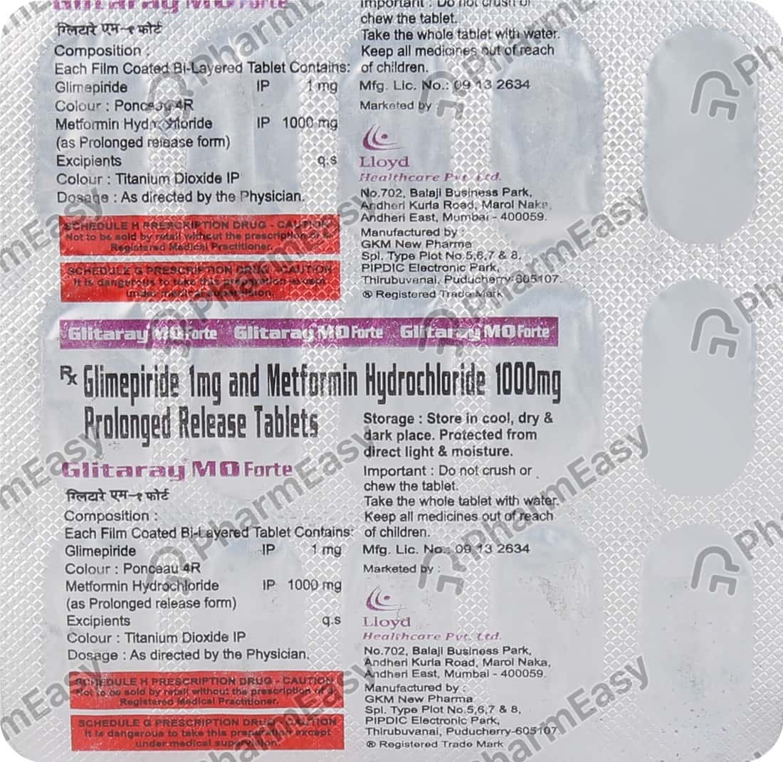 Glitaray M 1mg Forte Strip Of 15 Tablets: Uses, Side Effects, Price ...