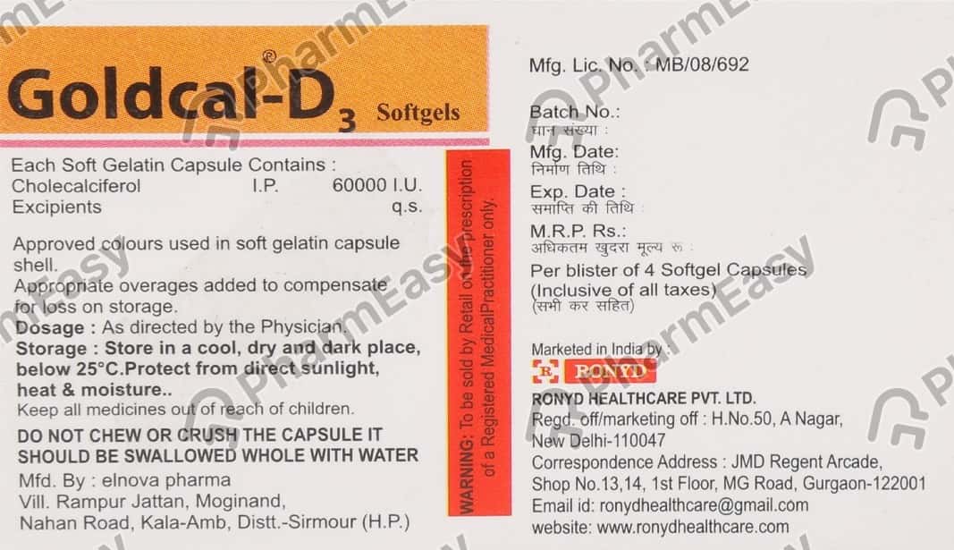 Goldcal D3 60000 IU Softgel Capsule (4): Uses, Side Effects, Price ...
