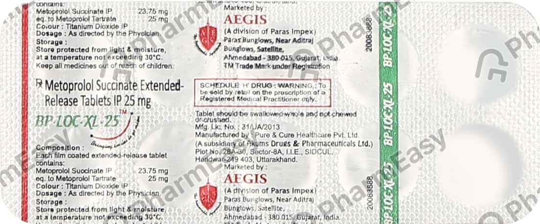 Bp Loc Xl 25 MG Tablet (10): Uses, Side Effects, Price & Dosage | PharmEasy
