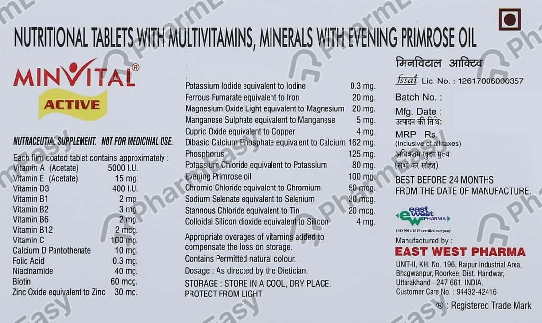 Buy Minvital Active Strip Of 10 Tablets Online at Flat 15% OFF | PharmEasy