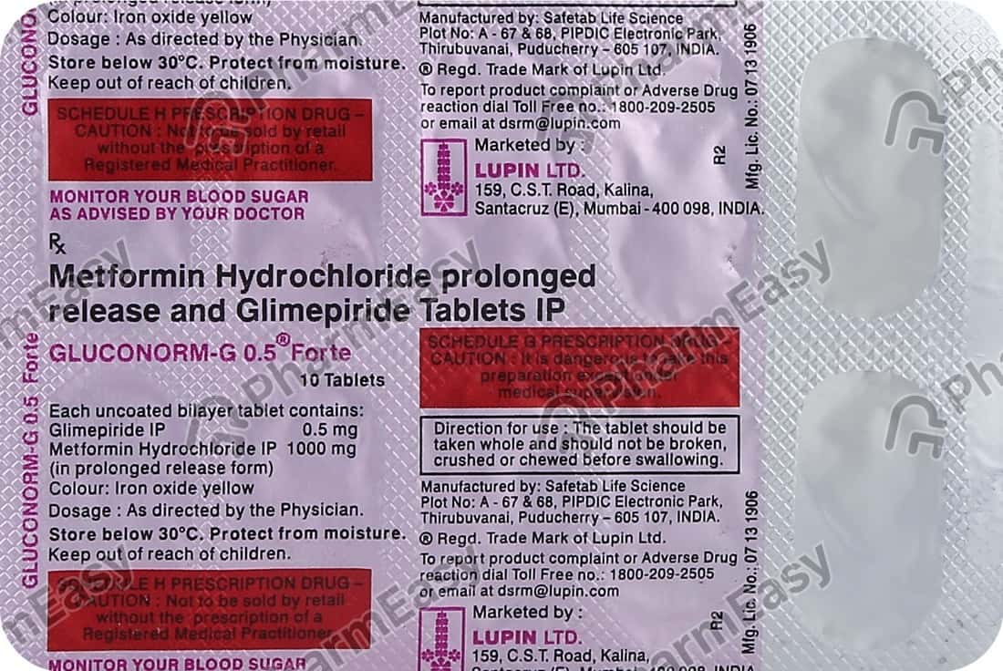 Gluconorm G 0.5mg Forte Strip Of 10 Tablets: Uses, Side Effects, Price ...