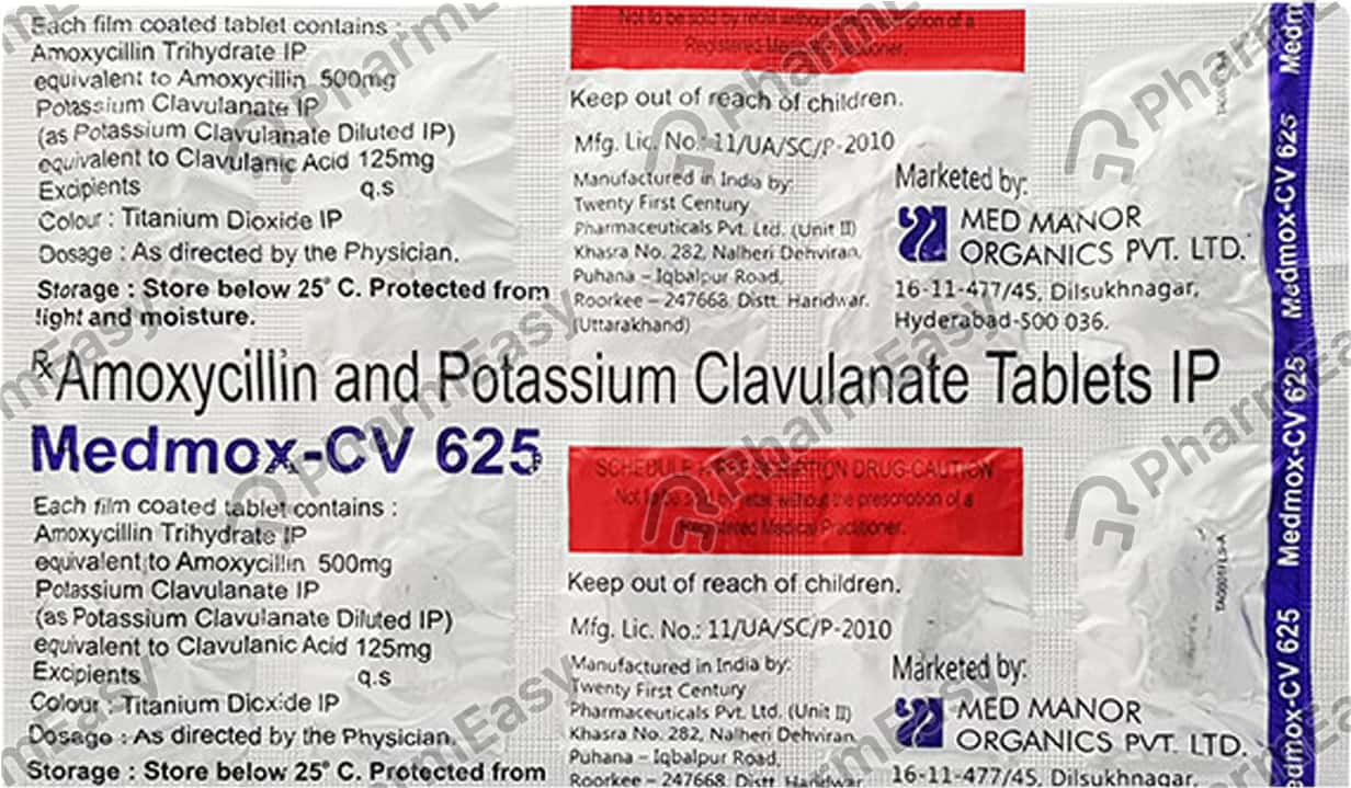 Medmox Cv 625mg Tablet: Uses, Side Effects, Price & Dosage | PharmEasy