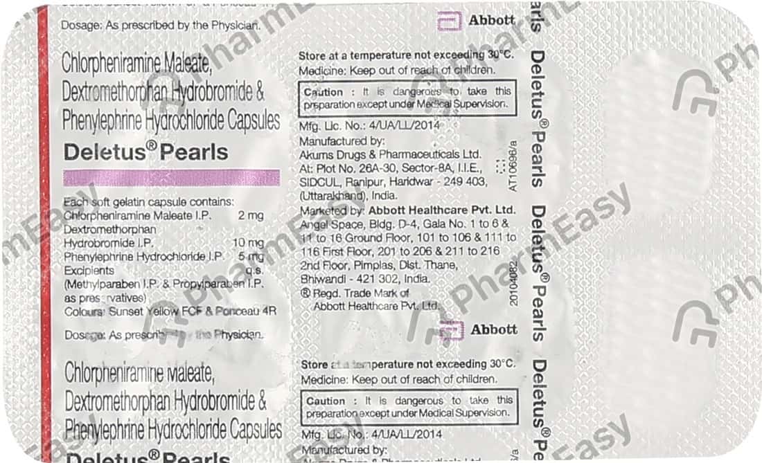 Deletus Pearls Strip Of 10 Capsules: Uses, Side Effects, Price & Dosage ...