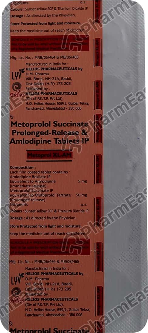 Metoprol Xl Am 50/5mg Strip Of 10 Tablets: Uses, Side Effects, Price ...