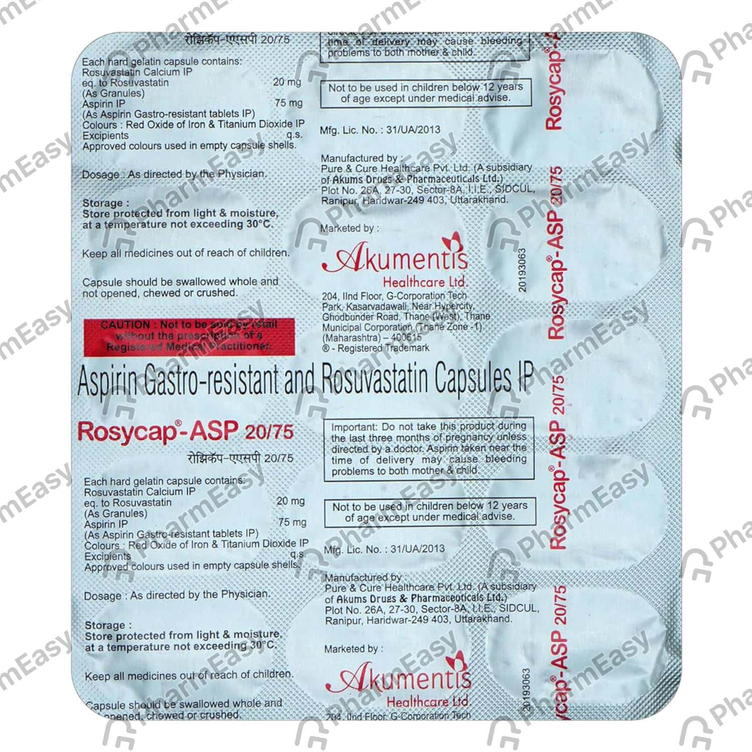 Rosycap Asp 20/75mg Strip Of 15 Capsules: Uses, Side Effects, Price ...