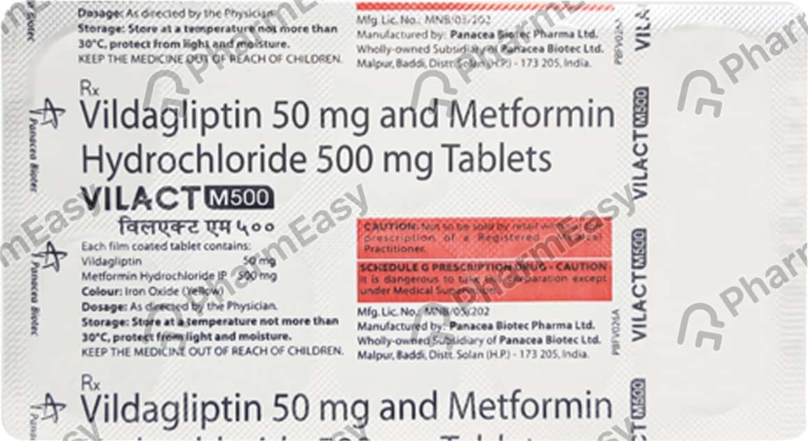 Vilact M 500mg Strip Of 10 Tablets: Uses, Side Effects, Price & Dosage ...