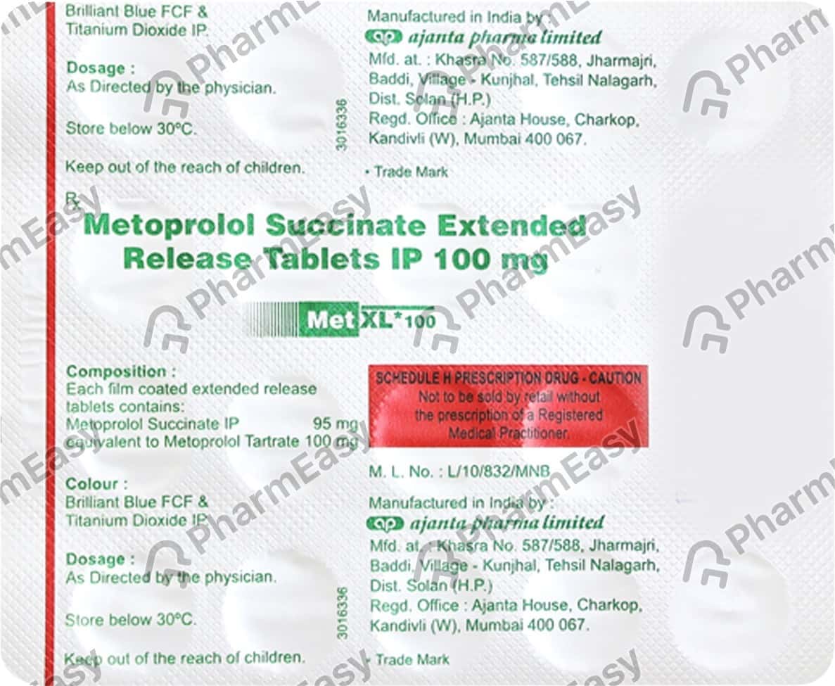 Met Xl 100 MG Tablet (20): Uses, Side Effects, Price & Dosage | PharmEasy