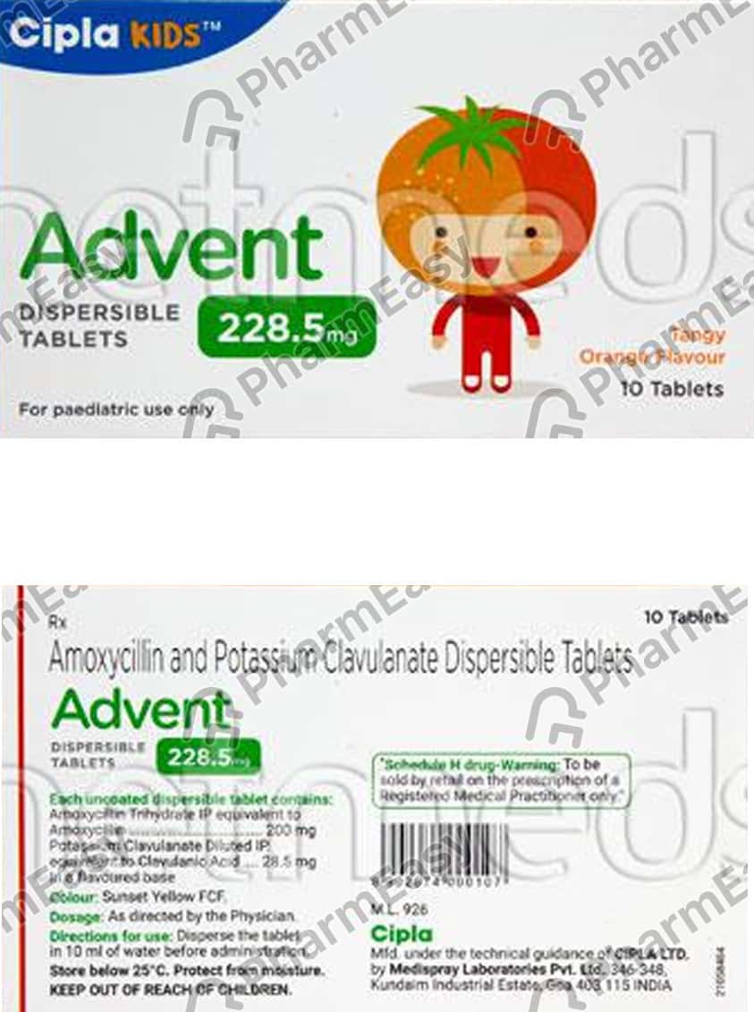 Advent 228.5mg Tangy Orang Flavour Strip Of 10 Tablets: Uses, Side ...
