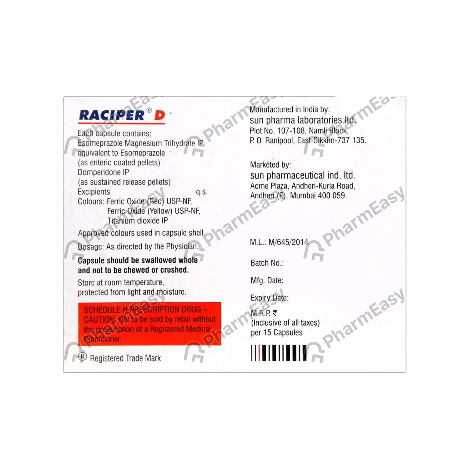Raciper D Cap 15'S - Uses, Side Effects, Dosage, Composition & Price ...