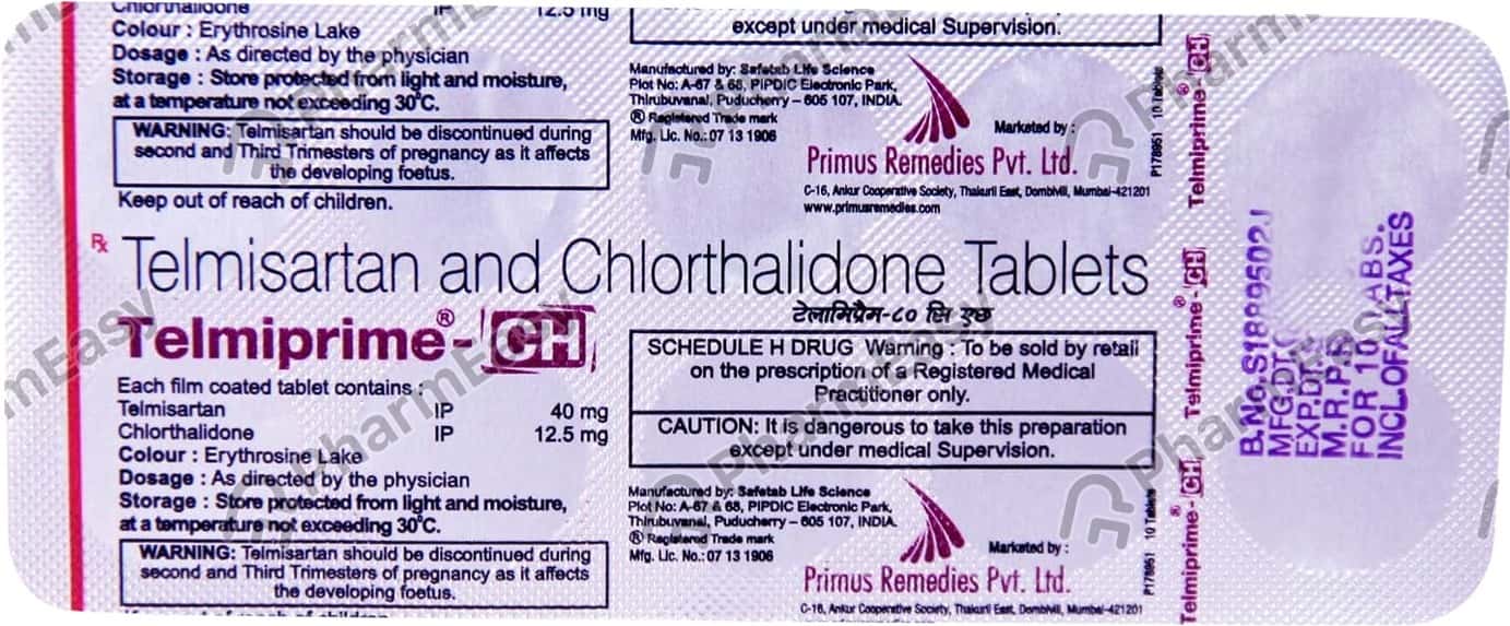 Telmiprime Ch 40mg/12.5mg Strip Of 10 Tablets: Uses, Side Effects ...