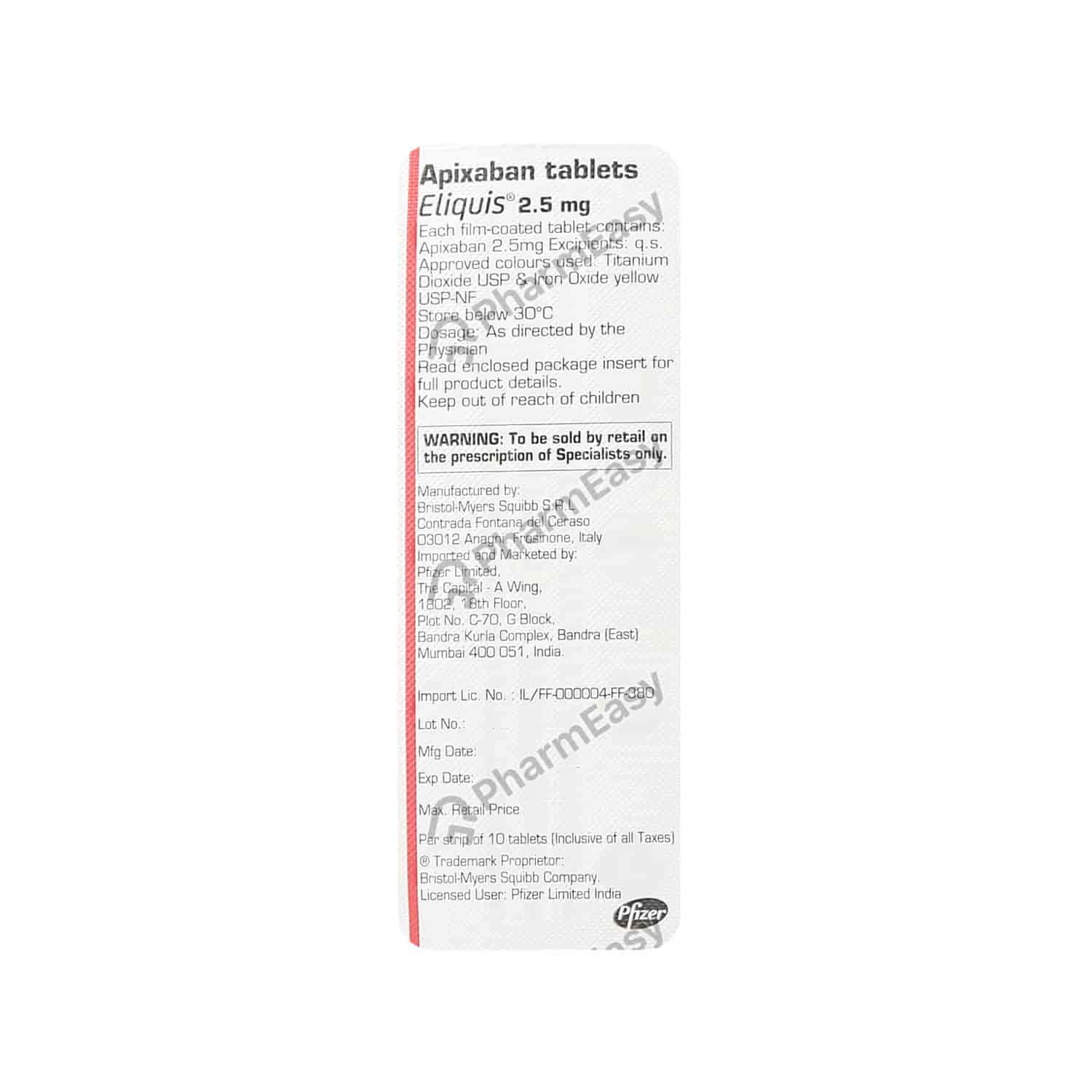 Buy Eliquis 2.5mg Tablet Online at Flat 18% OFF* | PharmEasy