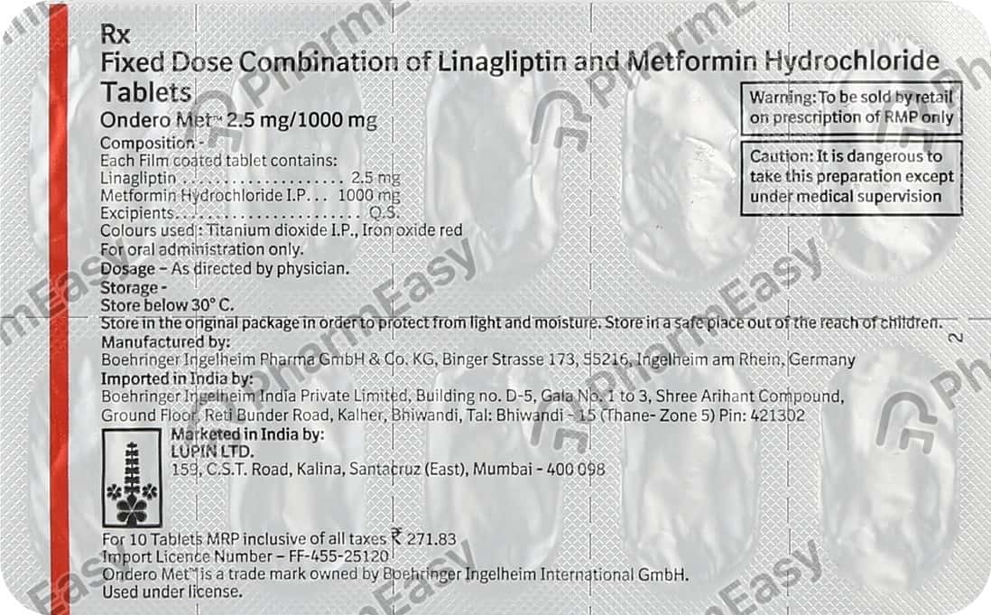 Ondero Met 2.5/1000mg Strip Of 10 Tablets: Uses, Side Effects, Price ...