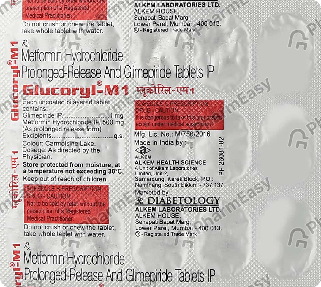 Glucoryl M 1mg Strip Of 15 Tablets: Uses, Side Effects, Price & Dosage ...