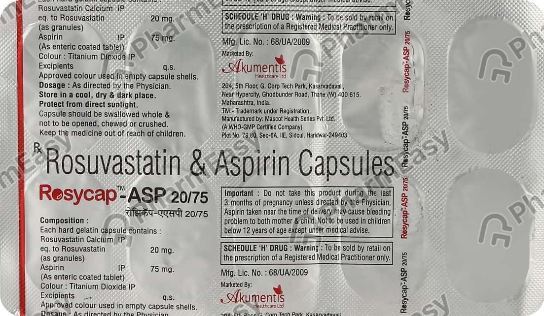 Rosycap Asp 20/75mg Strip Of 10 Capsules: Uses, Side Effects, Price ...