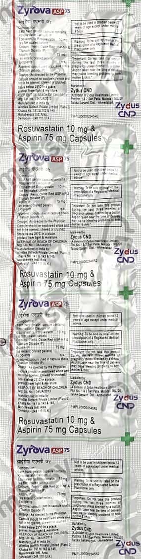 Zyrova Asp 75mg Strip Of 10 Capsules: Uses, Side Effects, Price ...
