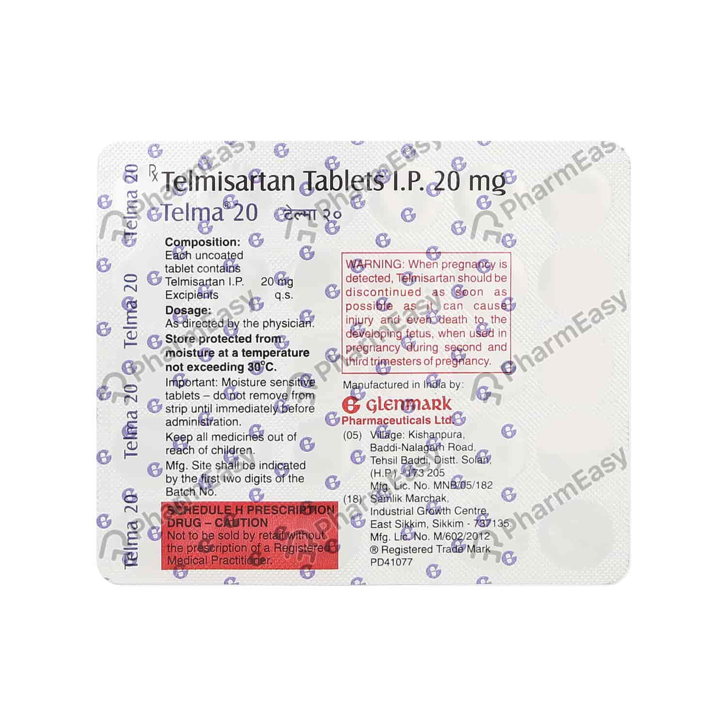 Buy Telma 20mg Strip Of 30 Tablets Online at flat 15% off | PharmEasy