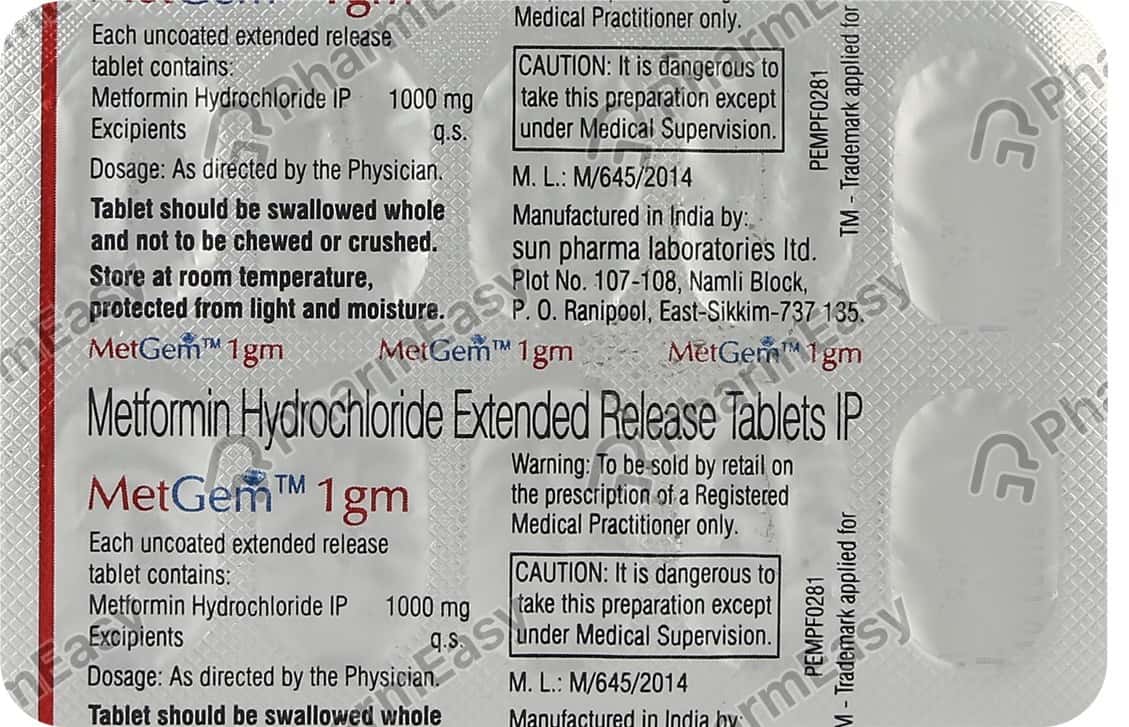 Metgem 1000 MG Tablet (10): Uses, Side Effects, Price & Dosage | PharmEasy
